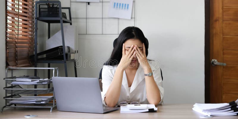 Tired Female Employee Holding Head on Hand, Looking at Computer Screen ...