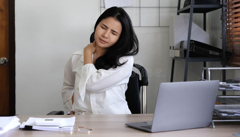 Tired Female Employee Holding Head on Hand, Looking at Computer Screen ...