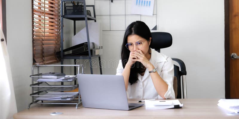 Tired Female Employee Holding Head on Hand, Looking at Computer Screen ...