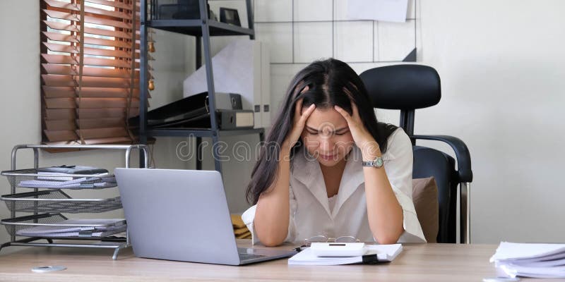 Tired Female Employee Holding Head on Hand, Looking at Computer Screen ...