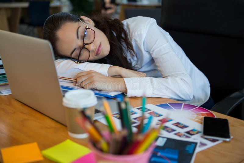 Tired Female Graphic Designer Sleeping at Desk Stock Image - Image of ...