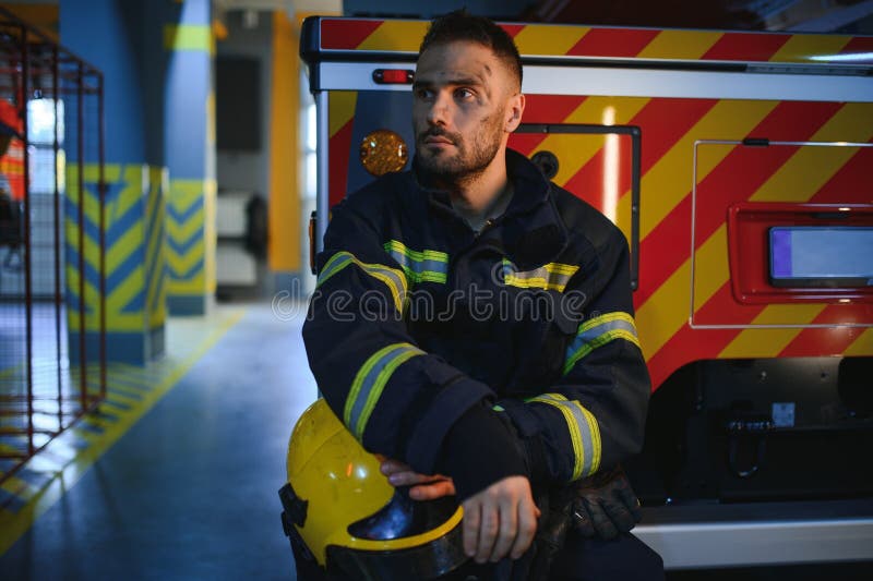 Tired Firefighter after Work in a Fire Department Stock Image - Image ...