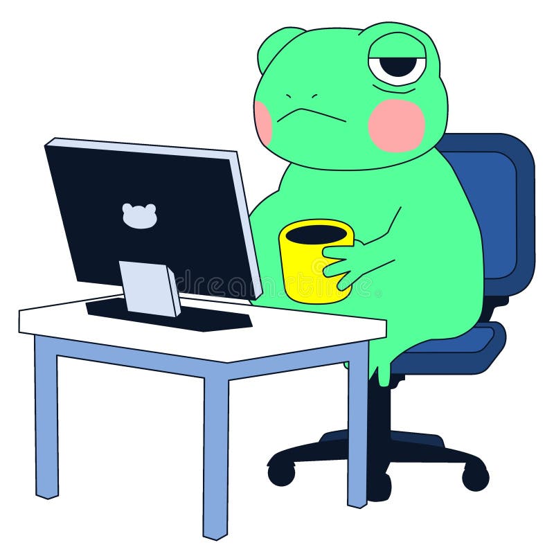 Tired Frog Working in Front of Laptop Illustration Stock Vector ...