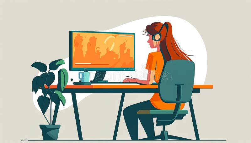 Tired Girl in Front of a Computer Screen, Generative AI. Stock ...