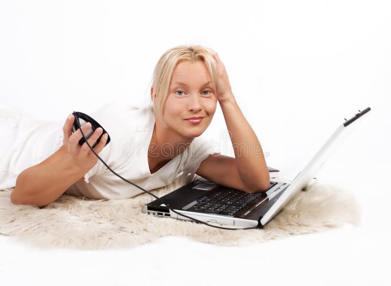 Tired Girl with Mouse in Hand Stock Photo - Image of household ...