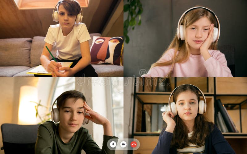 Group of Kids, Class Studying by Group Video Call, Use Video Conference ...