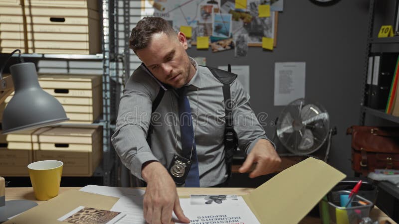 Tired Hispanic Detective in Office Multitasking with Paperwork and ...