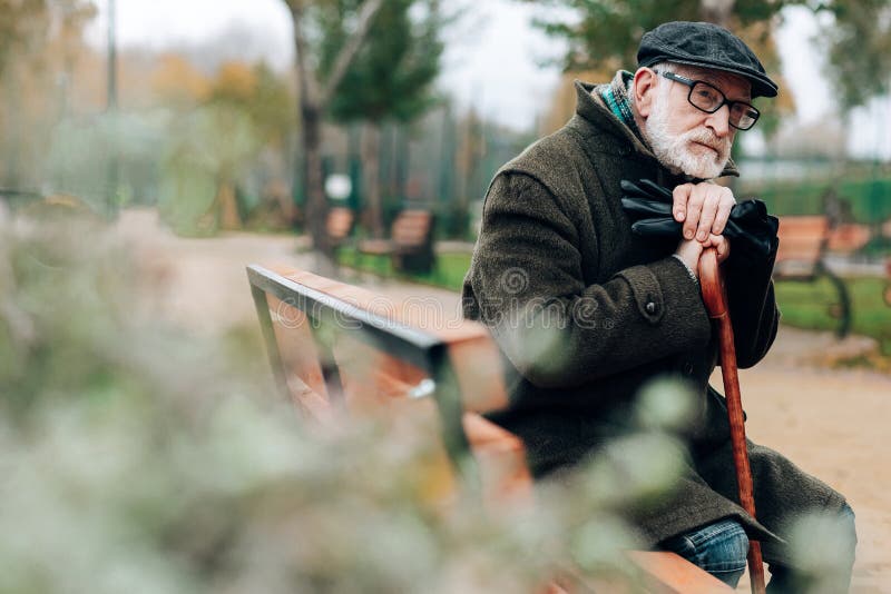 Sad Retired Man Sitting Alone on Bench Stock Image - Image of ...