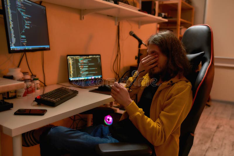 Tired Male it Developer Rub Sleepy Eyes at Work Stock Photo - Image of ...