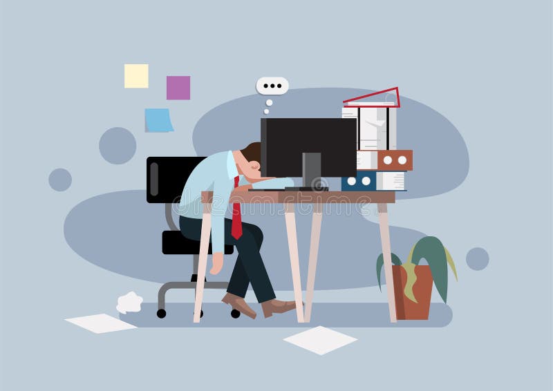 Tired Male Worker Sitting at His Working Place with Computer and Work ...