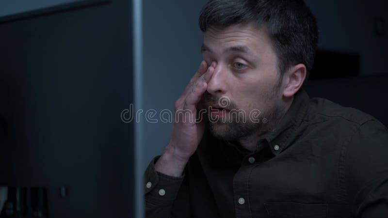 Tired Male Working on Computer. Sad Exhausted Man at Home Office ...