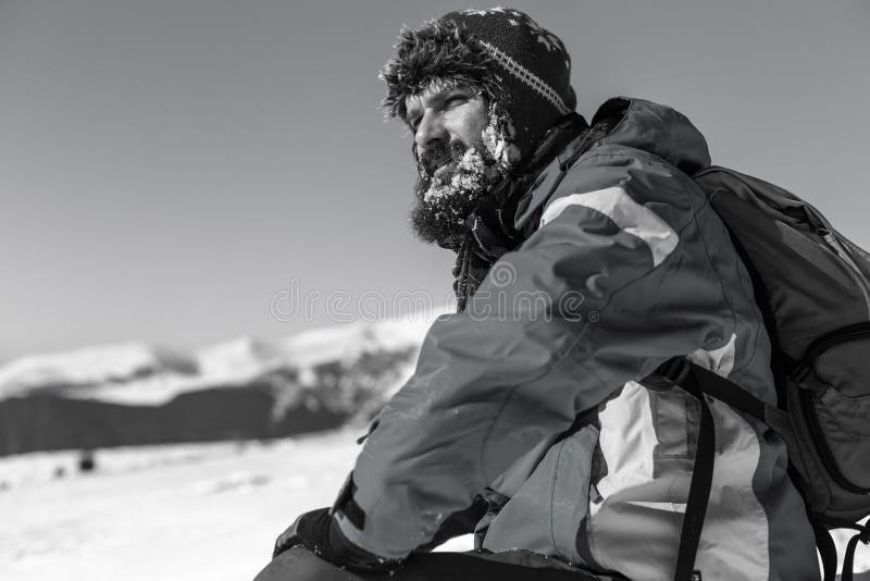Tired Man with Beard Resting during the Climbing Stock Photo - Image of ...