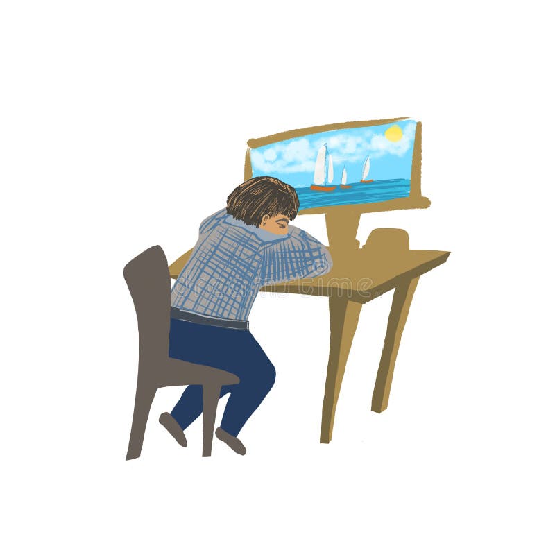 Tired Man in a Computer Dreams about Sea Stock Illustration ...
