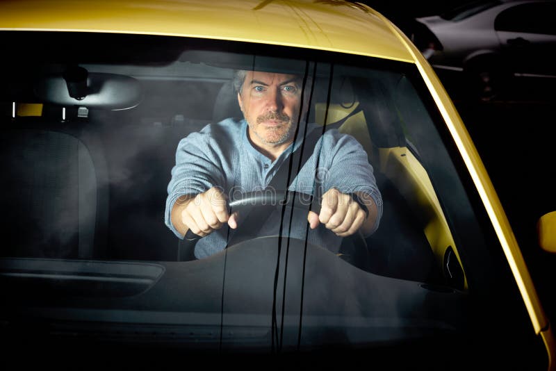 Tired Man Driving Car at Night. Stock Image - Image of male, auto: 78651073