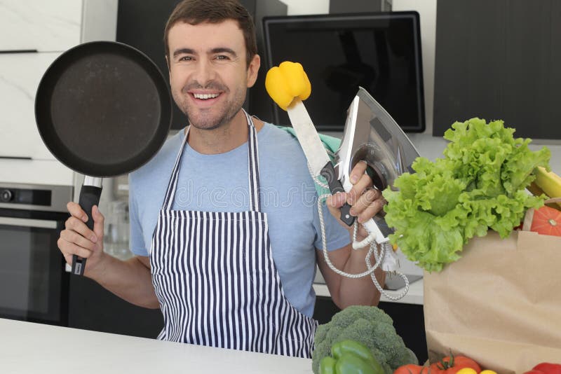 Tired Man Multitasking at Home Stock Photo - Image of caretaker ...