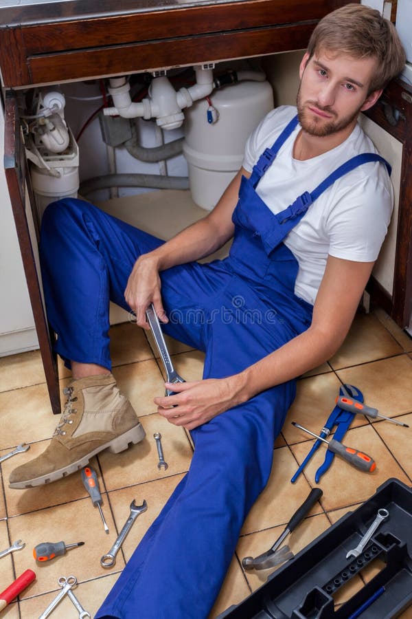 Tired Man during Sink Repair Stock Image - Image of installer, kitchen ...