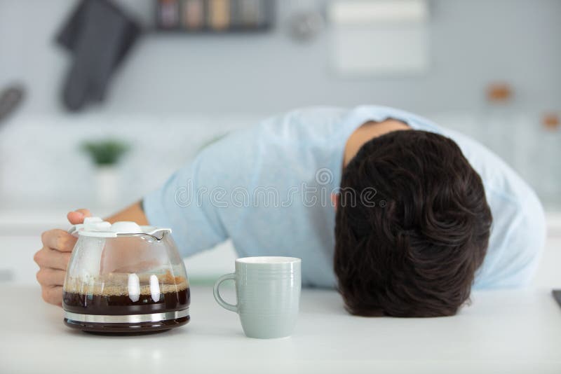 Tired Man Sittingwith Jug Coffee and Sleeping Stock Photo - Image of ...