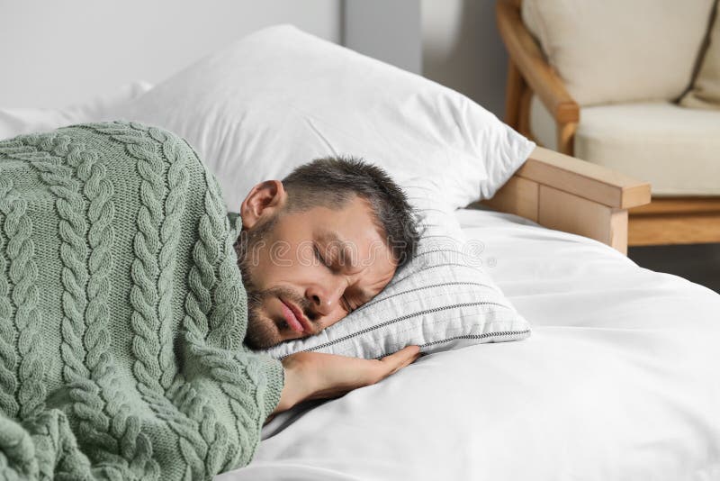 Tired Man Sleeping in Bed at Home Stock Photo - Image of fatigue, male ...