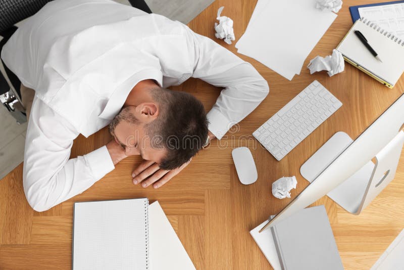 Tired Man Sleeping at Workplace, Top View Stock Image - Image of ...