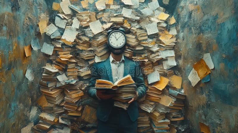 Tired Man with a Stack of Books Stock Illustration - Illustration of ...