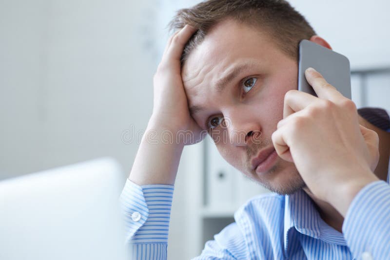 Tired Man Talking on Smartphone. Serious Businessman Man Using Mobile ...