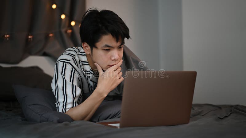 Tired Man Under Blanket Working with Laptop Computer at Late Night ...