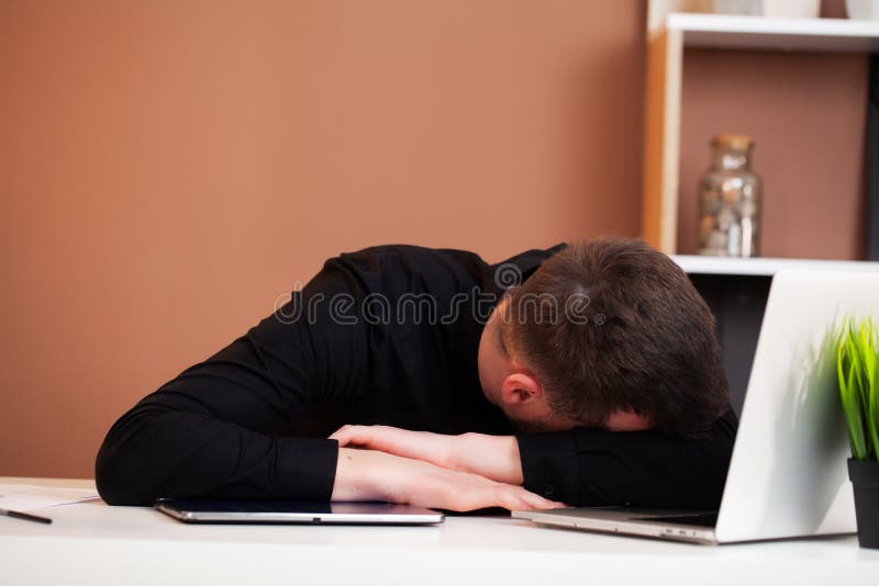 Tired Man Working at Company Office at Computer. Stock Photo - Image of ...