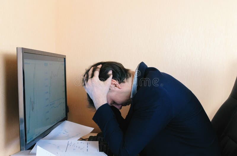 Tired Man is Working on Computer Compare Graphics. Stock Image - Image ...