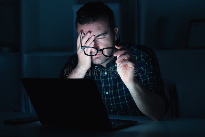 Man with Eye Strain Computer Problem at Night Stock Photo - Image of ...