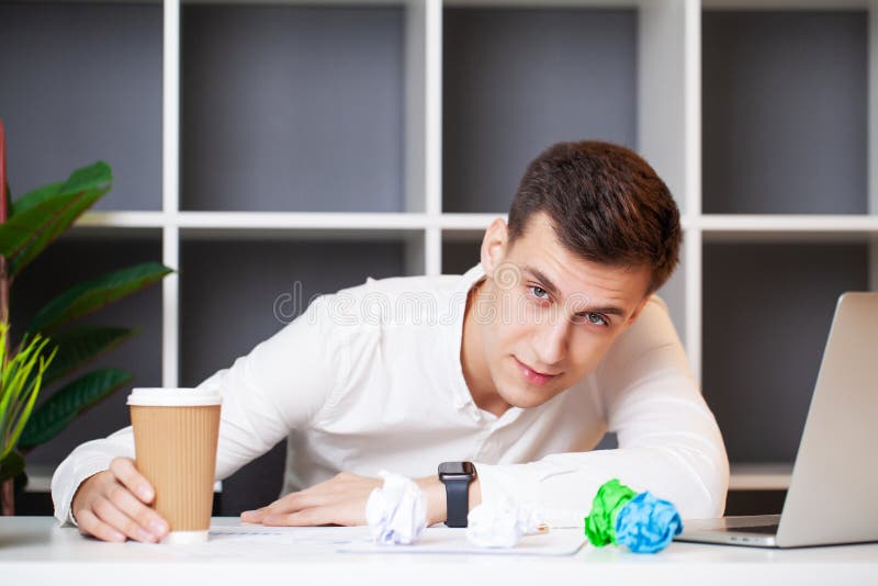 Tired Man Working at the Computer in the Office Stock Image - Image of ...