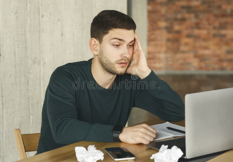 Tired Man Working on Laptop Sitting in Office Stock Photo - Image of ...