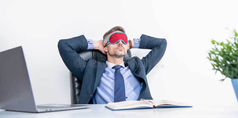Tired Manager Relax in Sleep Mask at Workplace Stock Image - Image of ...