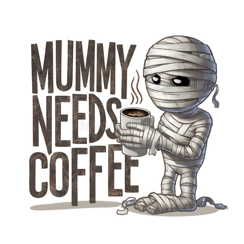 A Tired Mummy Holding a Coffee Cup with the Phrase Mummy Needs Coffee ...