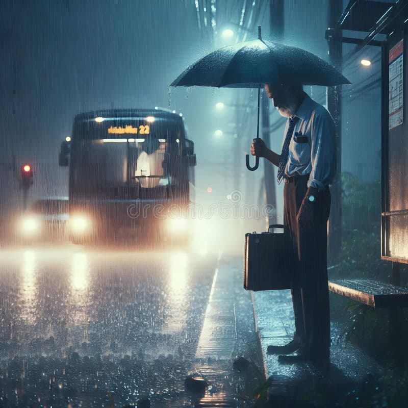A Tired Office Person at Bus Stop,holding an Umbrella Soaking Wet of ...