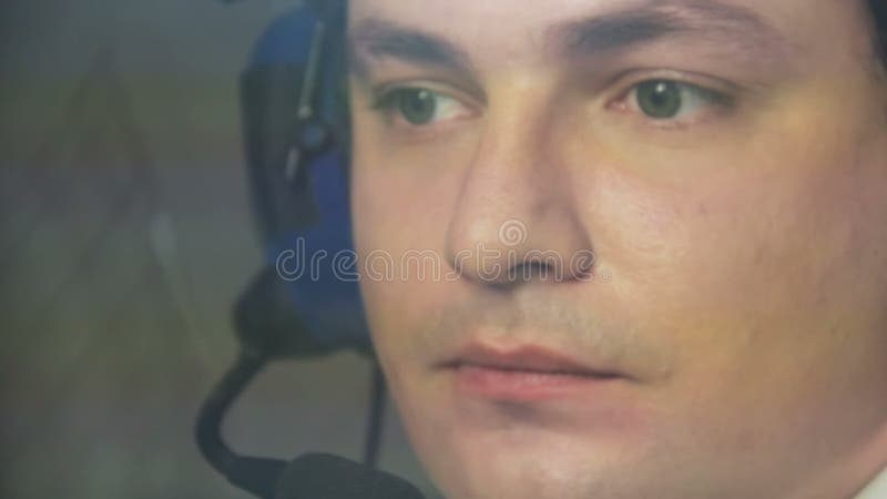 Tired Pilot in Headset Navigating Commercial Plane, Responsibility ...