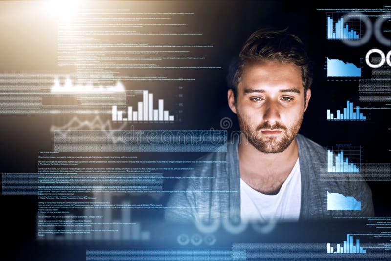 Tired Programmer And Coding With Statistics Overlay For Fintech App Or Reporting Software And