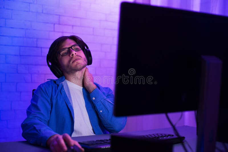 Tired Programmer Working on Computer Touching Aching Neck at Home Stock ...