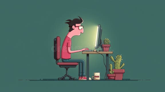 A Tired Programmer is Working in Front of a Computer. Cartoon Stock ...
