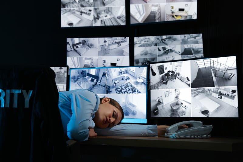 Tired Security Guard Sleeping in Office Stock Photo - Image of computer ...