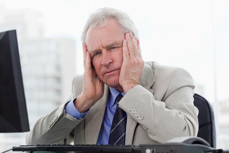 Tired Senior Manager Working with a Monitor Stock Image - Image of ...
