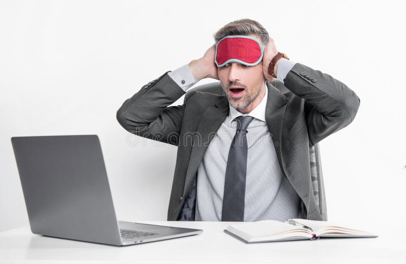 Tired Shocked Boss Yawning in Sleep Mask at Workplace Stock Image ...