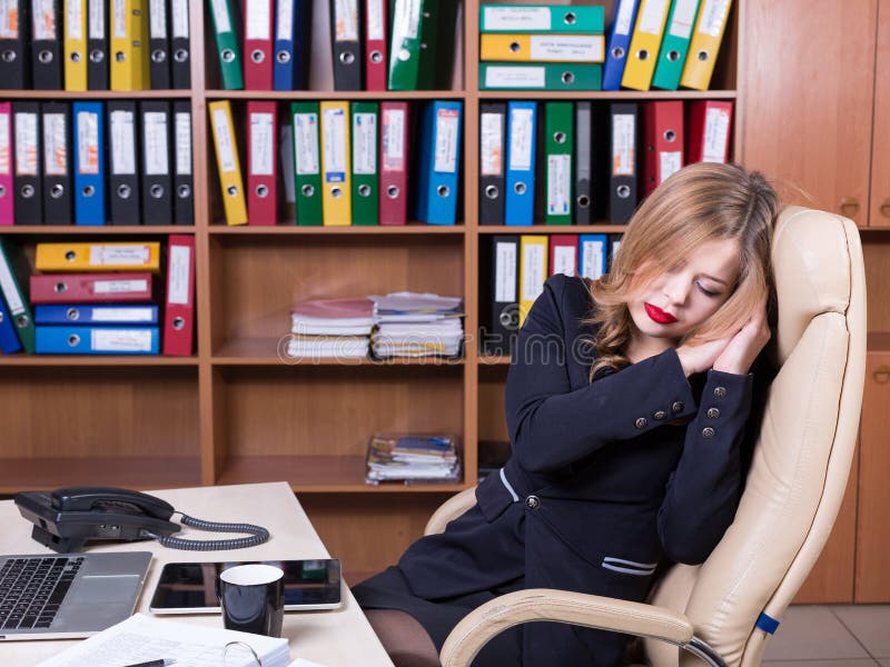 Tired Sleeping Woman in Office Stock Photo - Image of beautiful, beauty ...