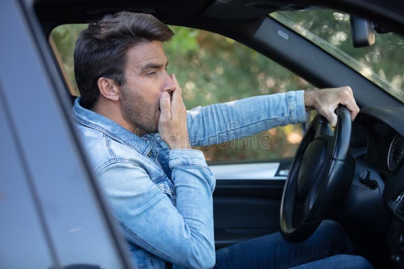Tired Sleepy Driver Man Yawning Stock Photo - Image of driver ...