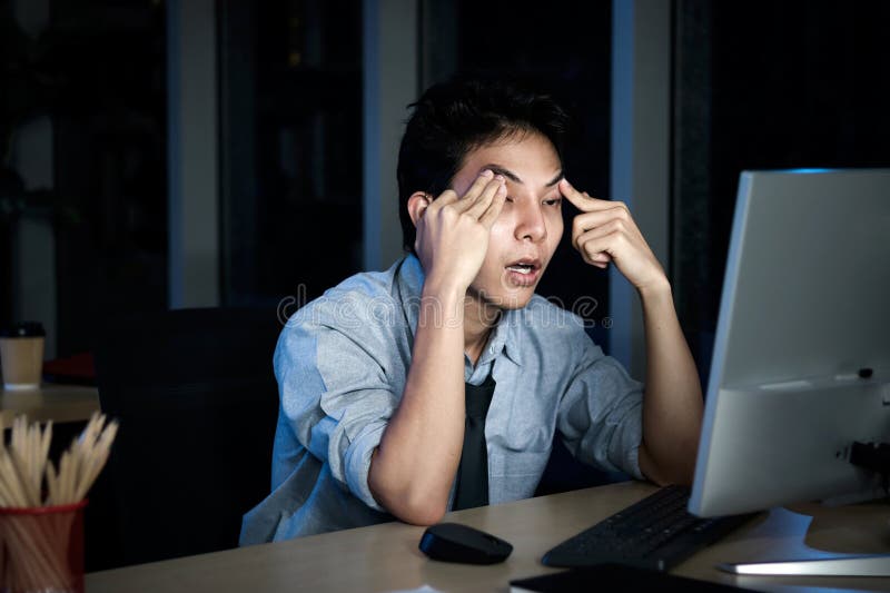 Tired Staff Officer Holding Eyes Open during Using Desktop Computer ...