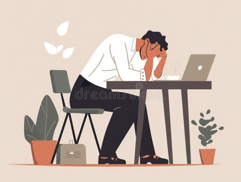 Tired and Stressed Business Man Working at Office. Flat Vector ...