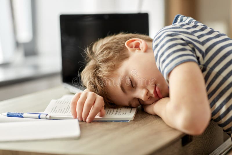 Tired Student Boy Sleeping on Desk at Home Stock Image - Image of book ...