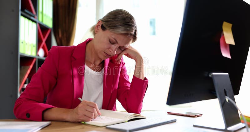 Tired Student Woman Sitting at Table Makes Notes and Falls Asleep Stock ...