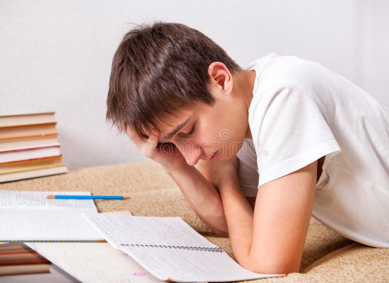 Tired Student Working at Home Stock Image - Image of problem, handbook ...