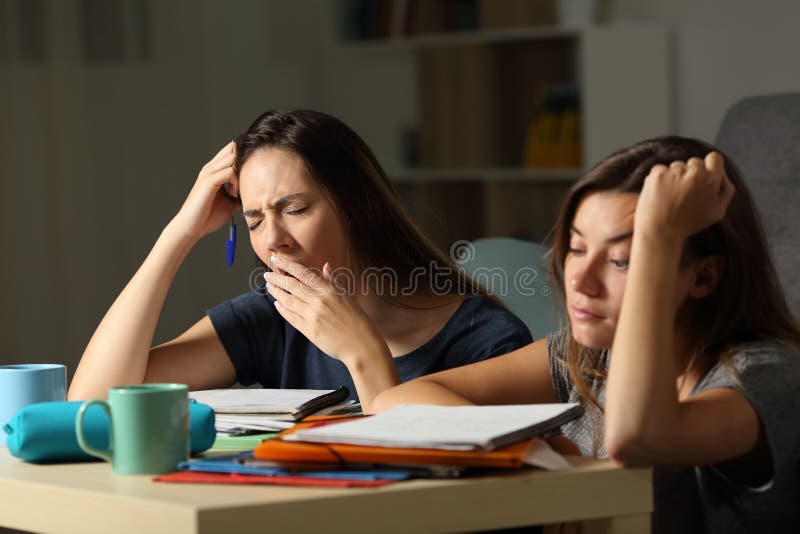 Tired Students Studying in the Night at Home Stock Photo - Image of ...
