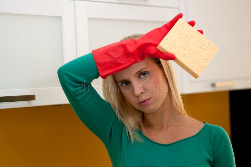 Tired Woman Cleaning Kitchen Stock Photo - Image of woman, domestic ...